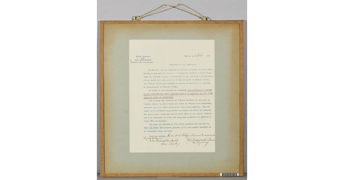 Lettre du 6 février 1904 des deux Vice Présidents de l’Union Centrale ...