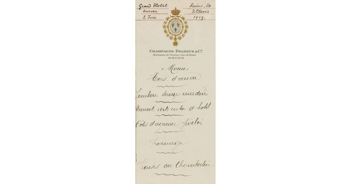 Menu du repas donné par le Champagne Delbeck et Cie pour le 2 Juin 1919 ...